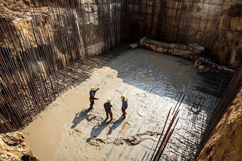 Construction Workers Inspecting Foundation in Muddy Pit Stock Image ...