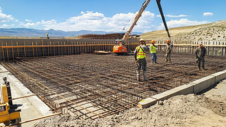 Construction Workers Inspecting Rebar Grid on a Building Foundation ...