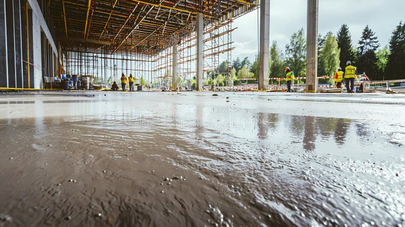 Construction Workers Inspecting Wet Concrete Flooring at Building Site ...