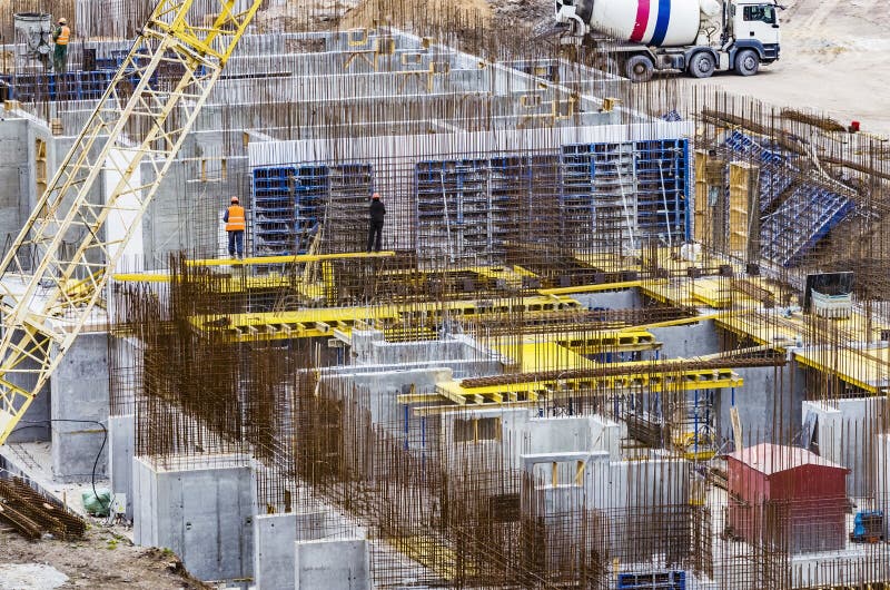 Construction Workers Install Formwork and Iron Rebars or Reinforcing ...