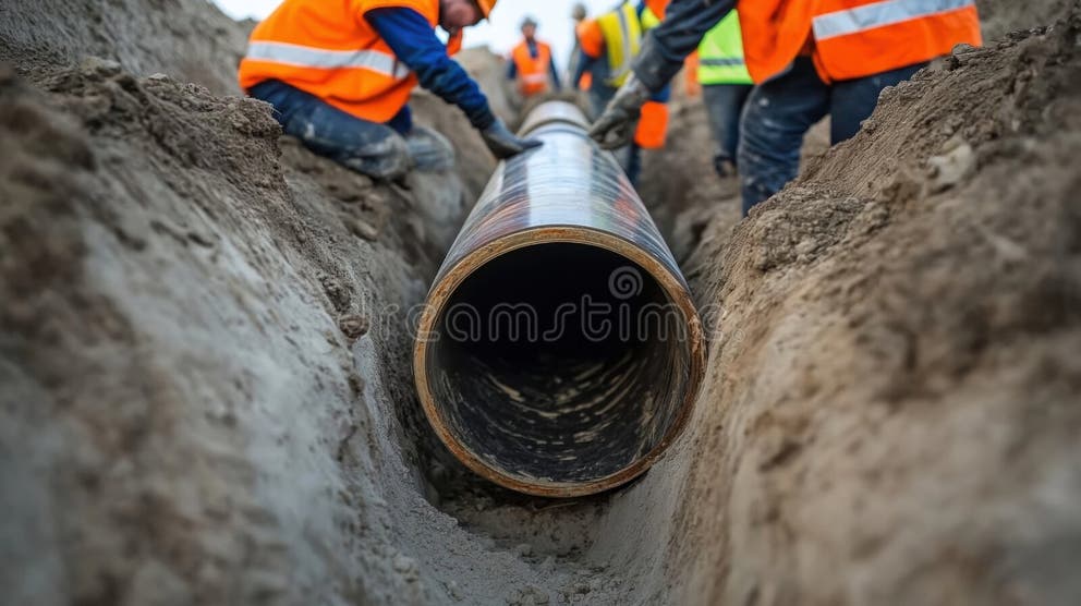 Construction Workers Install Large Pipe Underground. Trenchless Tech Technique. Workers Use ...
