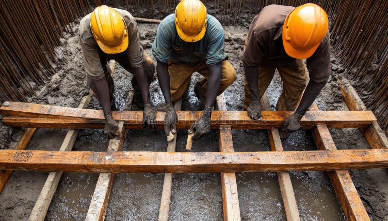 Construction Workers Install Wooden Beams in a Foundation, Showcasing ...