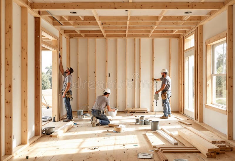 Construction Workers Install Wooden Framework and Prepare Interior Space in Home Building ...