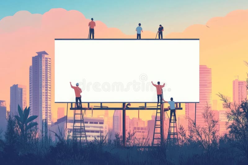 Construction Workers Installing Big Billboard in the City at Sunset ... Construction Workers Installing Big Billboard in the City at Sunset ...