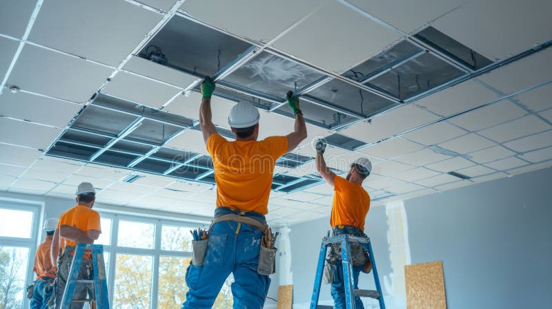 Construction Workers Installing a Ceiling Grid in a New Building Stock ...