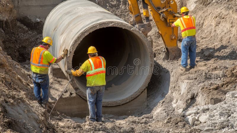 Construction Workers Installing Concrete Pipe in a Trench Stock ...