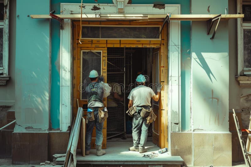 Construction Workers Installing a Door Frame Stock Photo - Image of ...