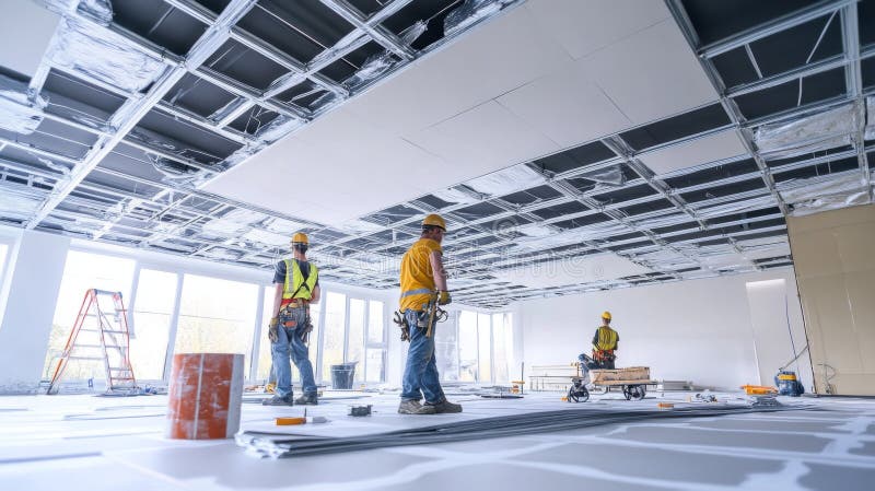 Construction Workers Installing a Drop Ceiling in a Commercial Building ...