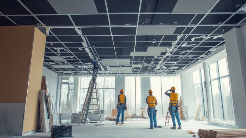 Construction Workers Installing a Drop Ceiling in an Unfinished ...