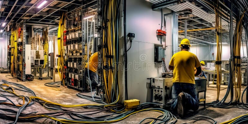 Construction Workers Installing Electrical Systems and Wiring in a ... Construction Workers Installing Electrical Systems and Wiring in a ...