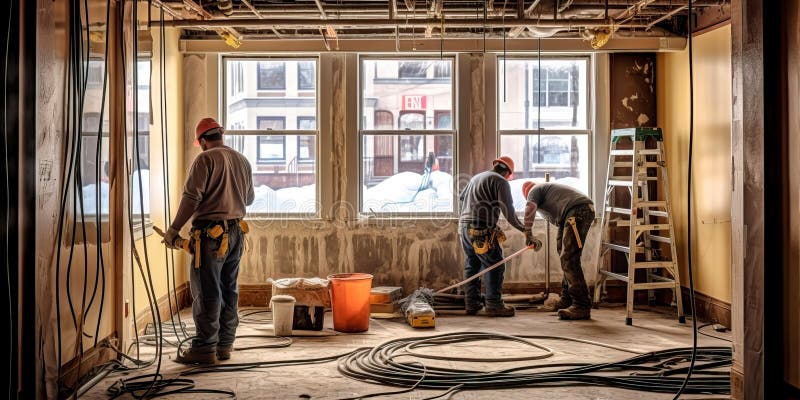 Construction Workers Installing Electrical Systems and Wiring in a ...