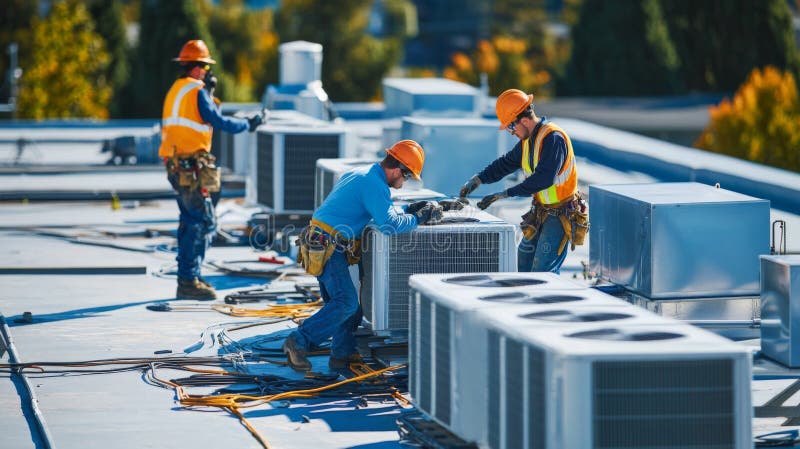 Construction Workers Installing HVAC Units on a Rooftop Stock ...