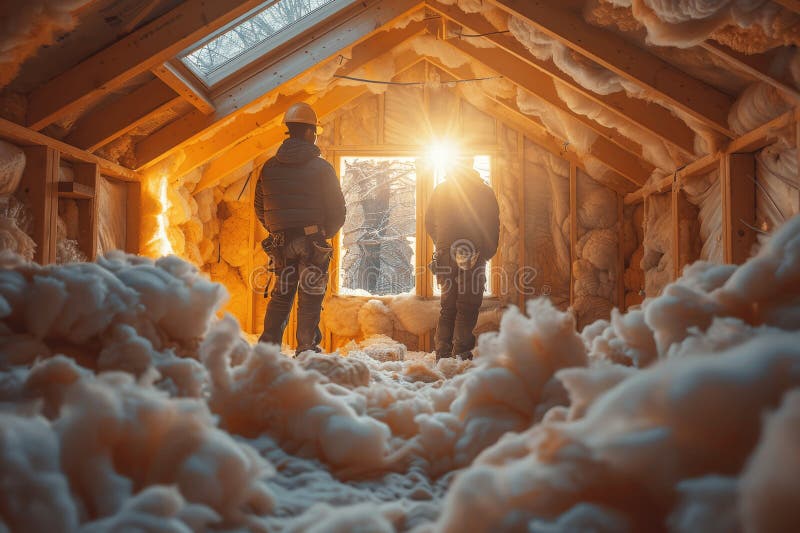 Construction Workers Installing Insulation in Sunlit Attic during Home ...