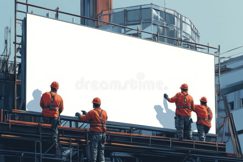 Construction Workers Installing a Large Blank Billboard on Scaffolding ...