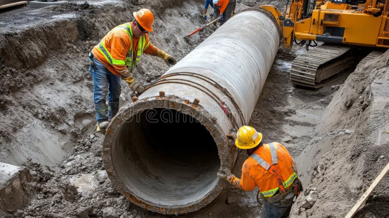 Construction Workers Installing a Large Concrete Pipe Stock ...
