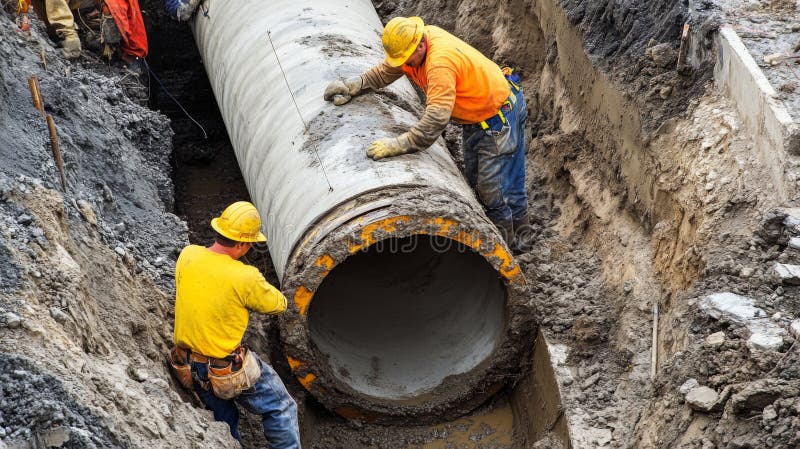 Construction Workers Installing a Large Concrete Pipe Stock ...