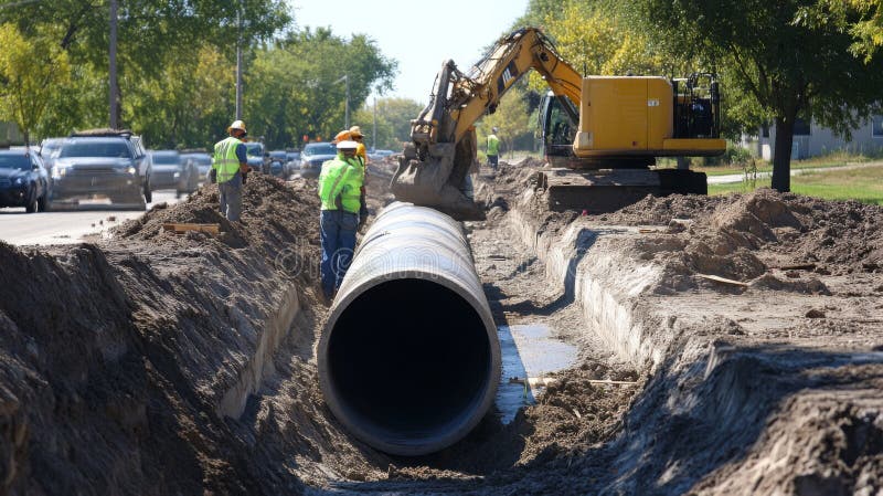 Construction Workers Installing Large Concrete Pipe during Road Project ...