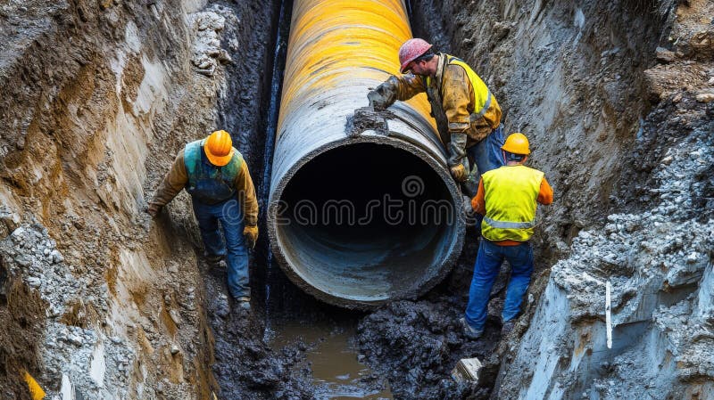 Construction Workers Installing a Large Concrete Pipe in a Trench Stock ...