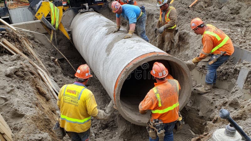 Construction Workers Installing Large Concrete Pipe in Trench Stock ...