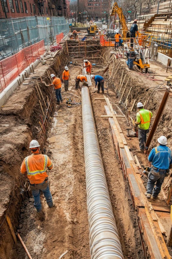Construction Workers Installing Large Pipe in Urban Trench Stock Image ...