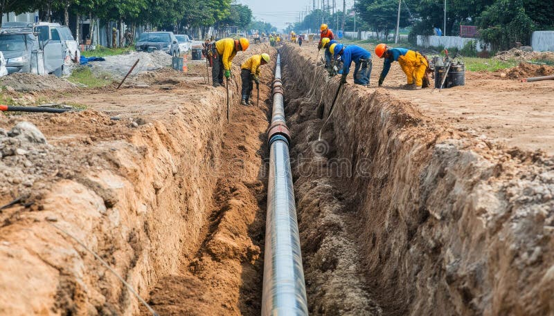 Construction Workers Installing Large Pipeline in Deep Trench Stock ...