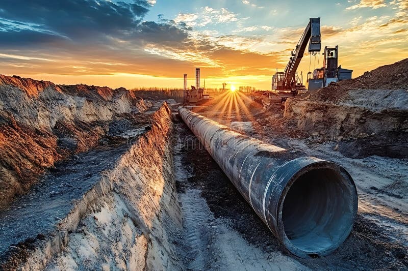 Construction Workers Installing Large Water Pipeline at Sunset Stock ...