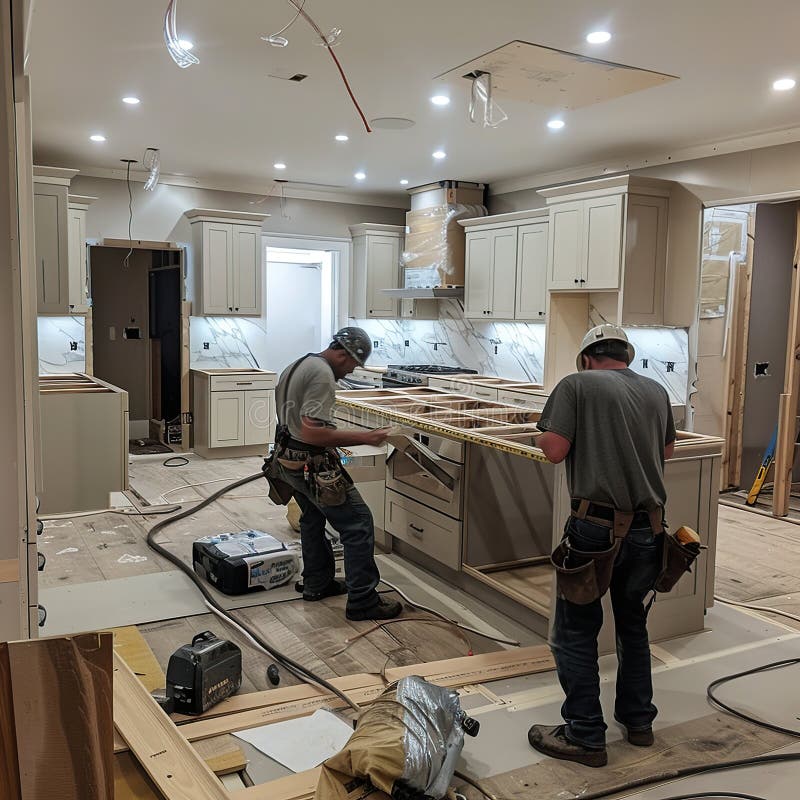 Construction Workers Installing New Cabinets and Appliances during a ...