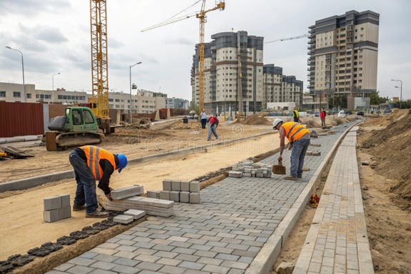 Construction Workers Installing Paving Bricks on Pedestrian Path Stock ...