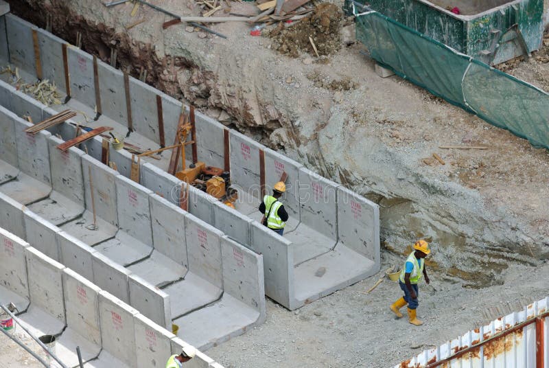 Construction Workers Installing Precast Concrete Drain Editorial Stock ...