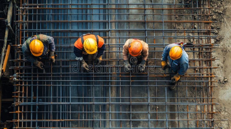 Construction Workers Installing Rebar in a Grid Pattern Stock ...
