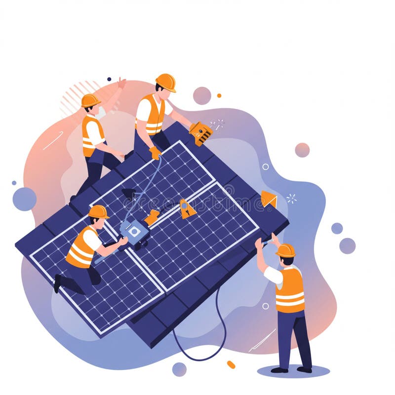 Construction Workers Installing Solar Panels on a Flat Surface. they ...