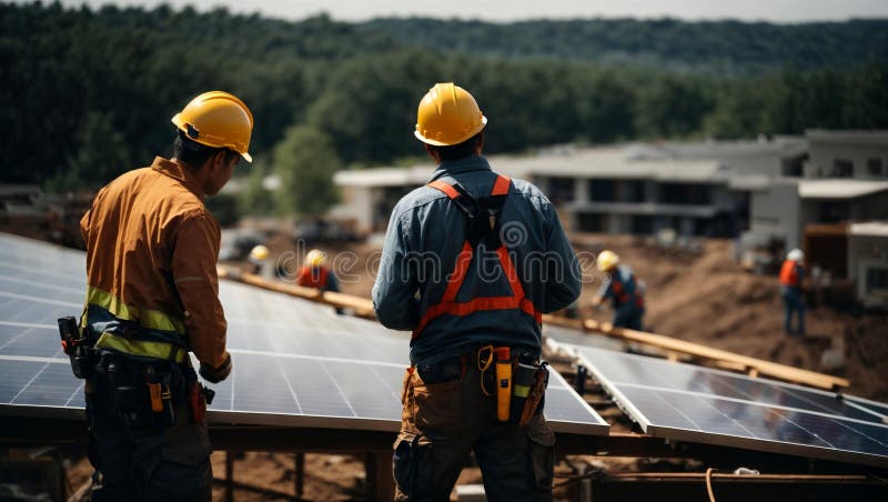 Construction Workers Installing Solar Panels on Site, Generative Ai ...