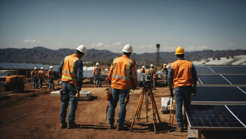 Construction Workers Installing Solar Panels on Site, Generative Ai ...
