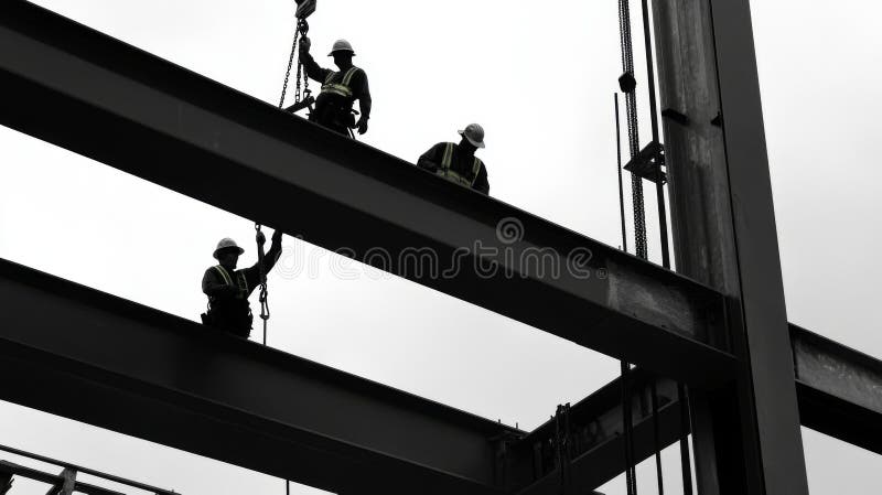 Construction Workers Installing Steel Beams on a Building Stock ...