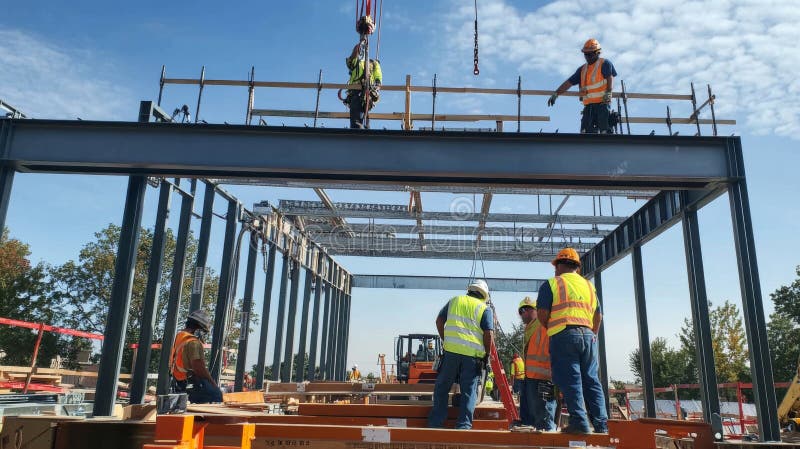Construction Workers Installing Steel Beams on a Building Frame Stock ...
