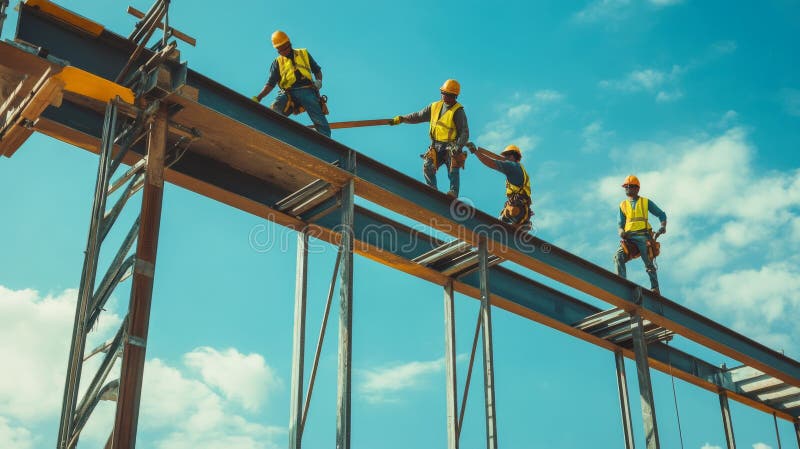 Construction Workers Installing Steel Beams on a Building Under ...