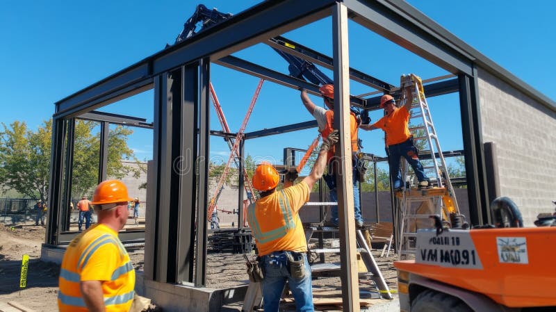Construction Workers Installing Steel Beams for a New Building Stock ...