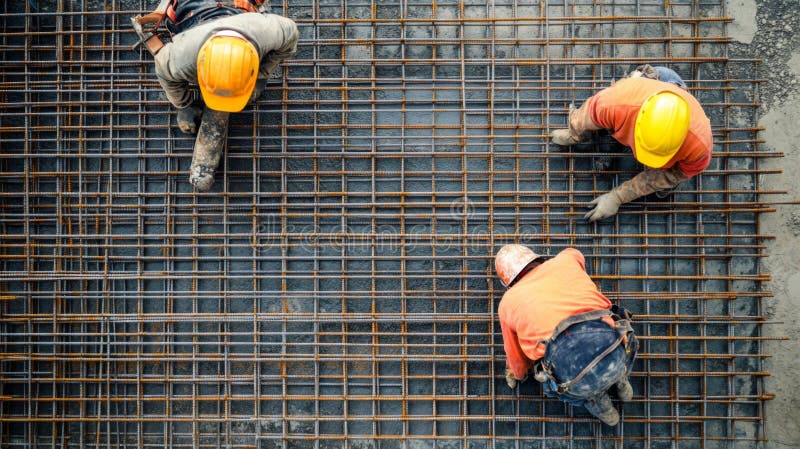 Construction Workers Installing Steel Reinforcing Mesh on Concrete ...