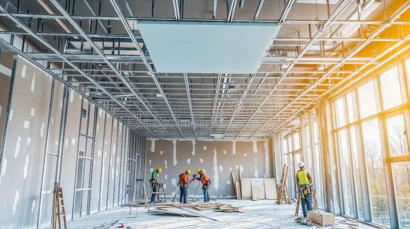 Construction Workers Installing Suspended Ceiling and Drywall in a ...