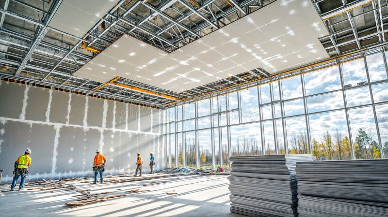 Construction Workers Installing Suspended Ceiling in a Modern Building ...