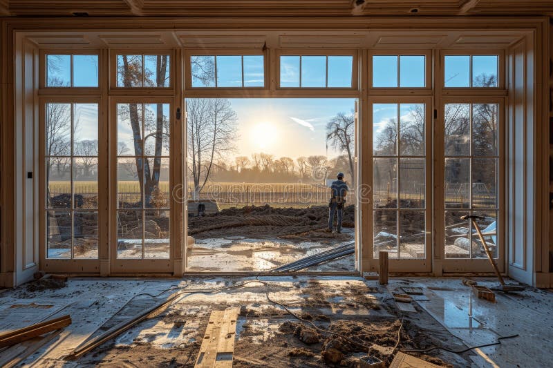 Construction Workers Installing Windows in an Elegant Home with Field ...