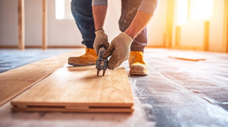 Construction Workers Installing Wooden Flooring in Home Building ...