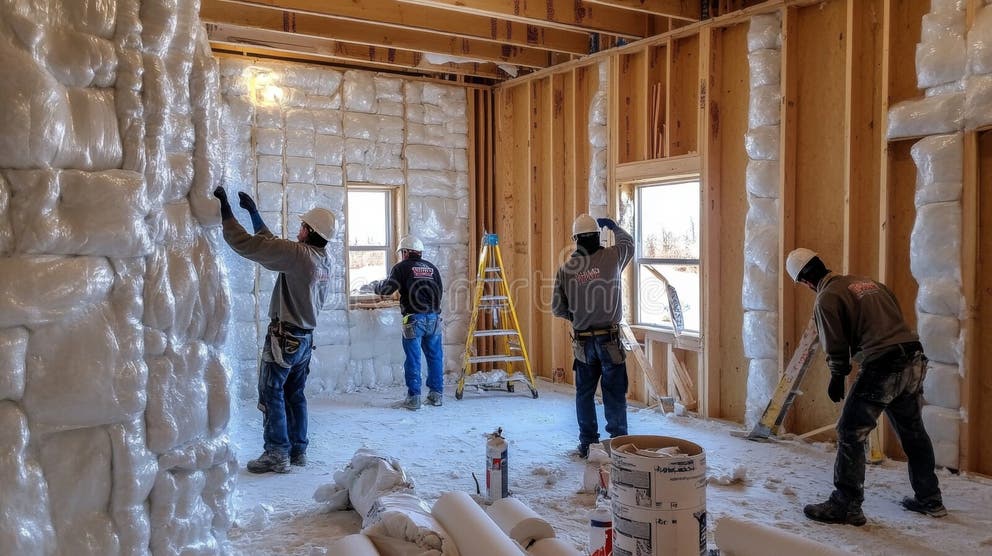 Construction Workers Insulating Walls of a House Under Construction ...
