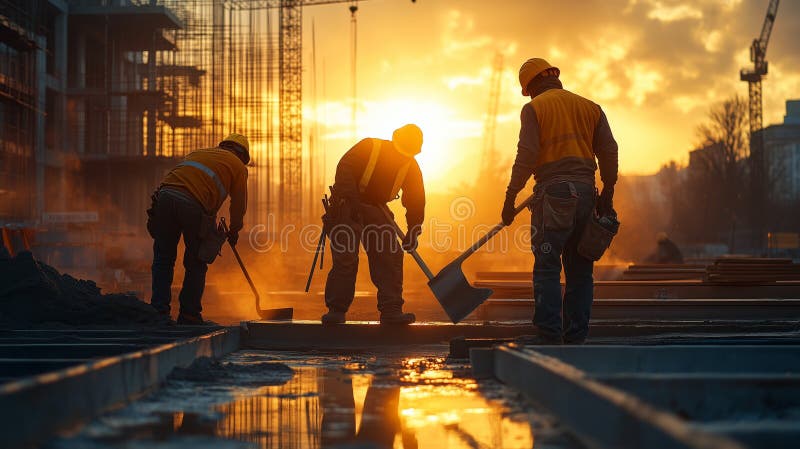 Construction Workers Laboring at Sunset on Urban Site Stock ...