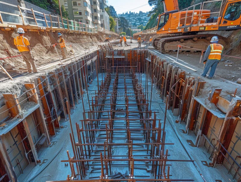 Construction Workers at a Large Trench Project Site Stock Image - Image ...