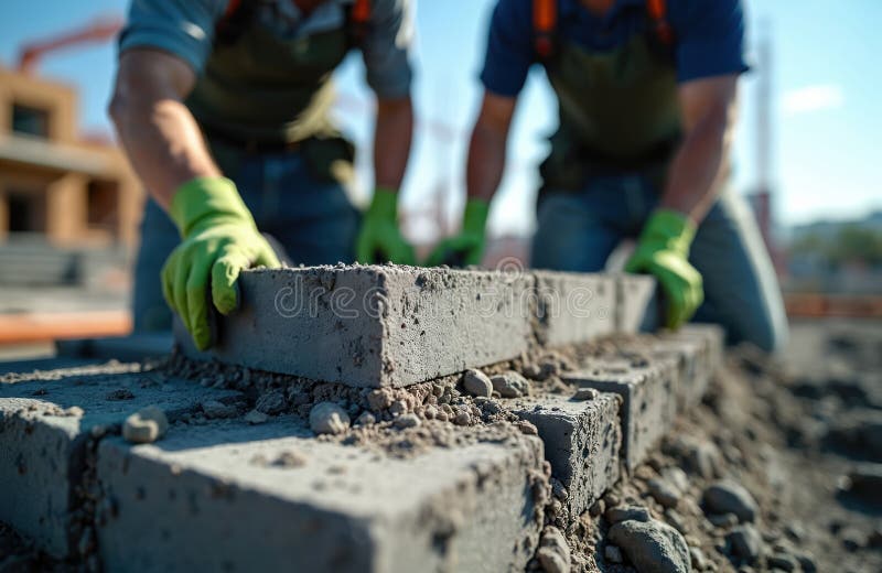 Construction Workers Lay Brick Foundation. Builders Wearing Gloves ...