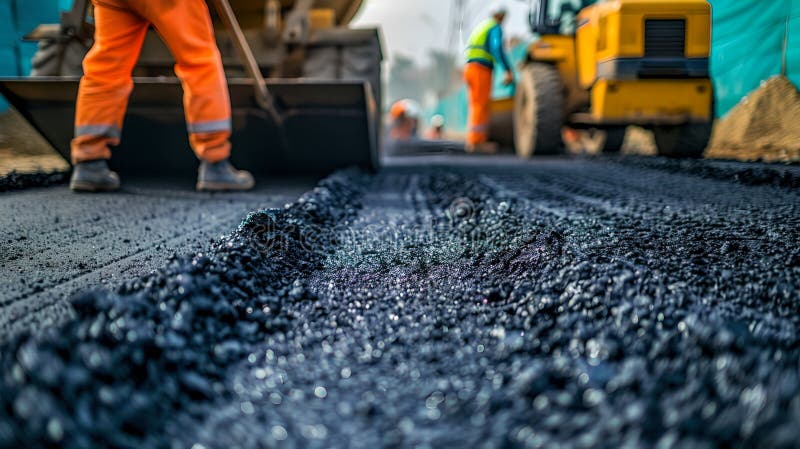 Construction Workers Lay Fresh Asphalt on Road. Urban Development ...