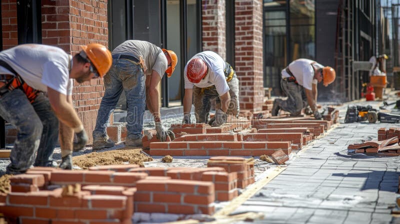 Construction Workers Laying Bricks on a New Building Stock Illustration ...