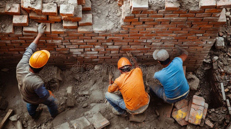 Construction Workers Laying Bricks on a Wall Stock Illustration ...