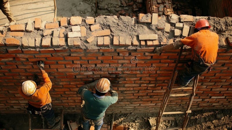 Construction Workers Laying Bricks on a Wall Stock Illustration ...